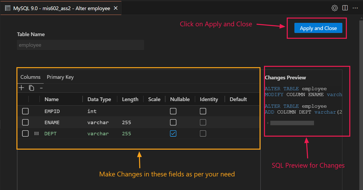 DBCode - Docs - Create or Edit Tables